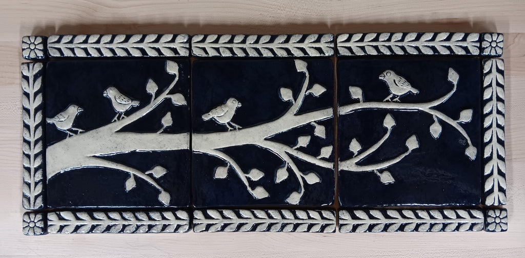 Birds on a Branch Triptych Three 6"x6" Ceramic Handmade Tiles with 1 ...