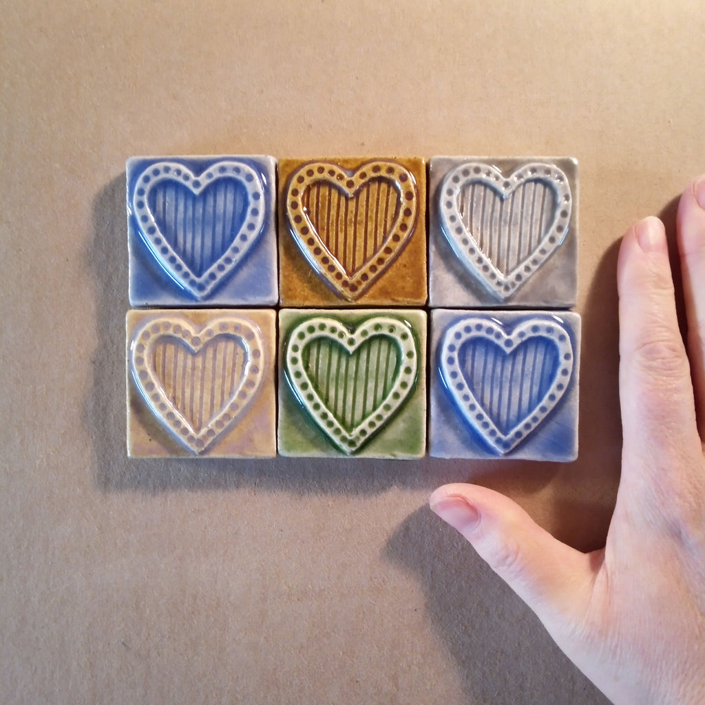 Striped Heart 2"x2" Ceramic Handmade Tile | 2 Inch by 2 Inch Handmade Tiles